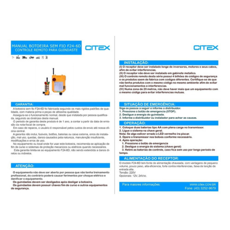 F24-6D CITEX Telecrane Botoeira Sem Fio Dupla Velocidade 220v 50/60HZ