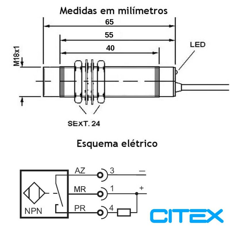 LM18-3008NA SENSOR INDUTIVO NÃO FACEADO 6~36VCC NPN NA 8mm 300mA